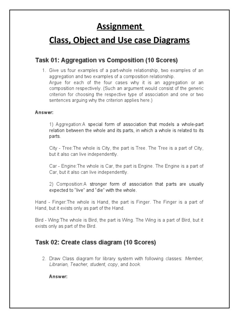 Assignment Class Object And Use Case Diagrams Task 01 Aggregation Vs Composition 10 Scores 