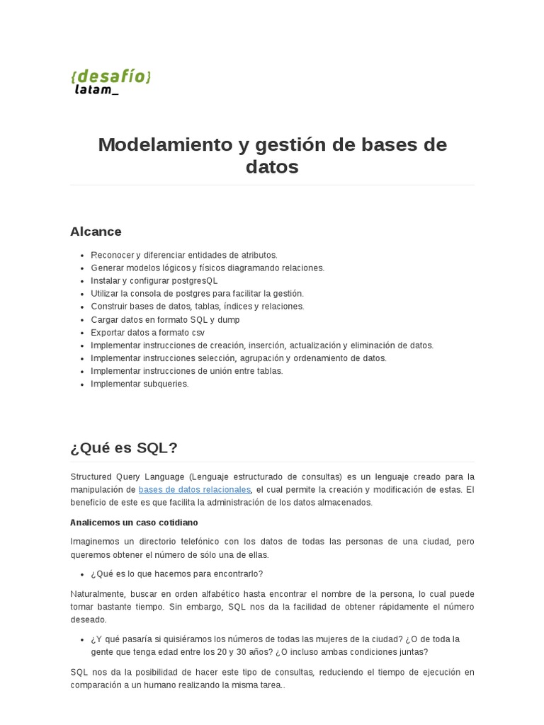 Lectura - Modelamiento y Gestión de Bases de Datos PDF | PDF | SQL ...