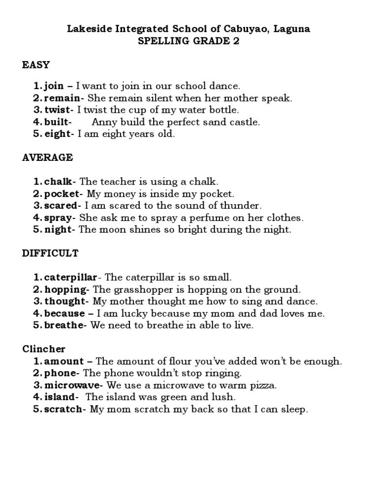 Grade 2 Spelling List | PDF | Cooking, Food & Wine