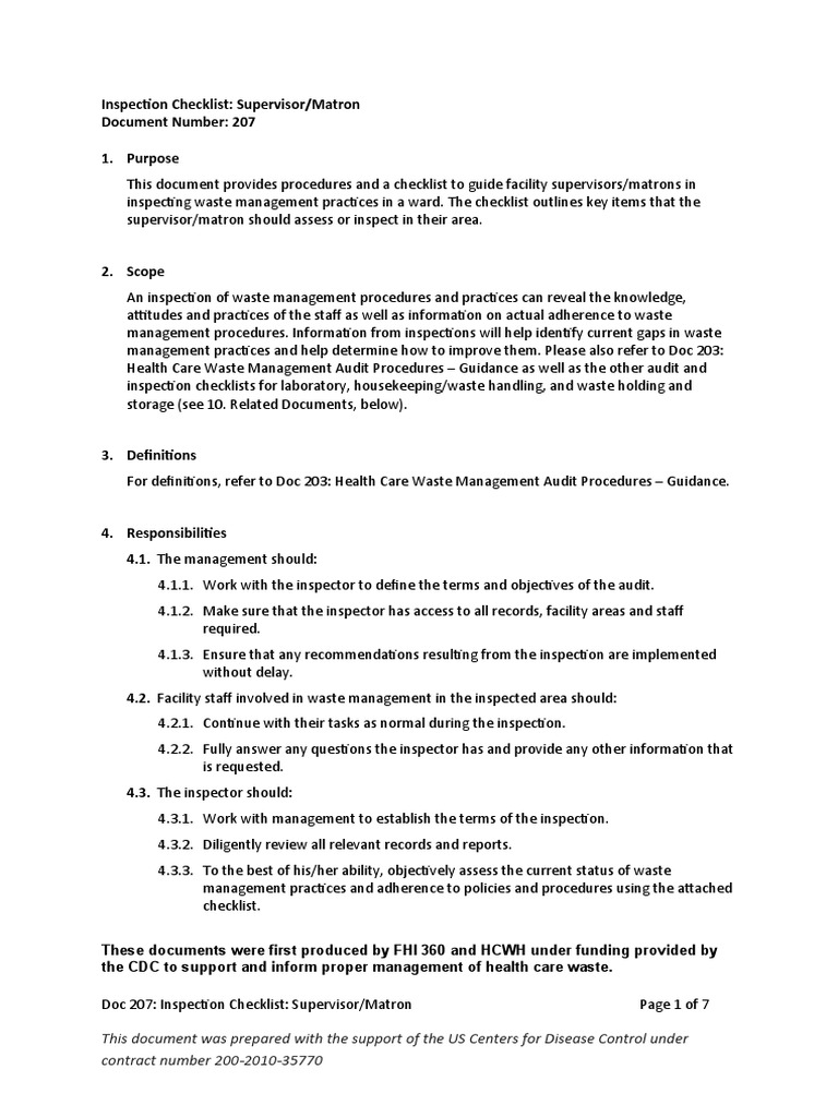 207-Inspection Checklist-Supervisor, Matron - Final | PDF | Centers For ...