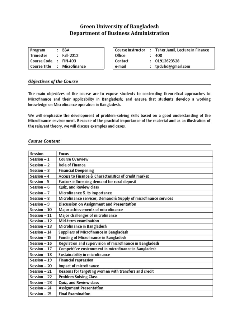 Course Outline Microfinance | PDF | Microfinance | Learning