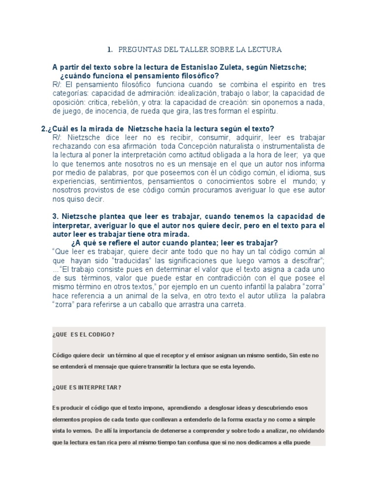 Preguntas Del Taller Sobre La Lectura | PDF | Friedrich Nietzsche | Autor