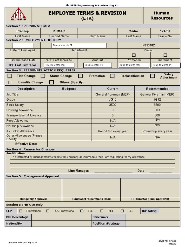 Employee Term and Revision (ETR) Form - HR - PPR-SF-001 | PDF ...