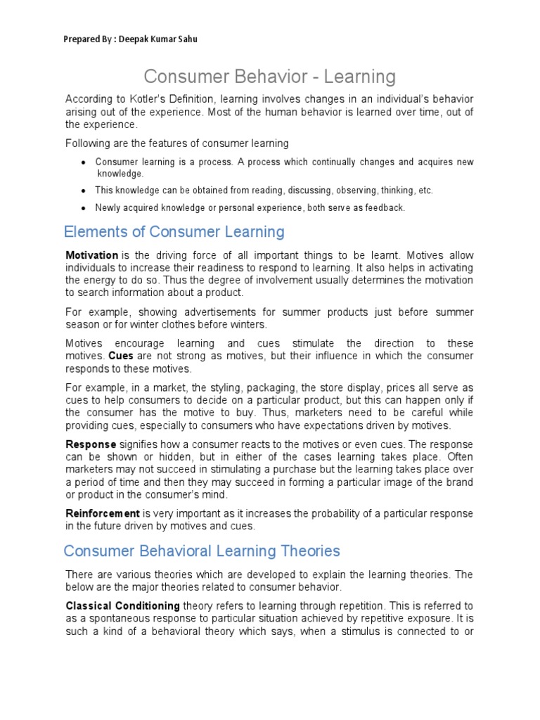 Consumer Behavior - Learning | PDF | Motivation | Motivational