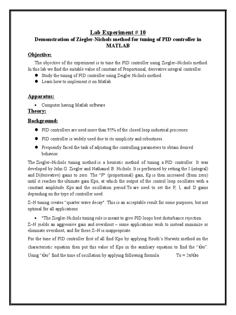 Lab Experiment # 10: Demonstration of Ziegler-Nichols Method For Tuning of PID Controller in ...
