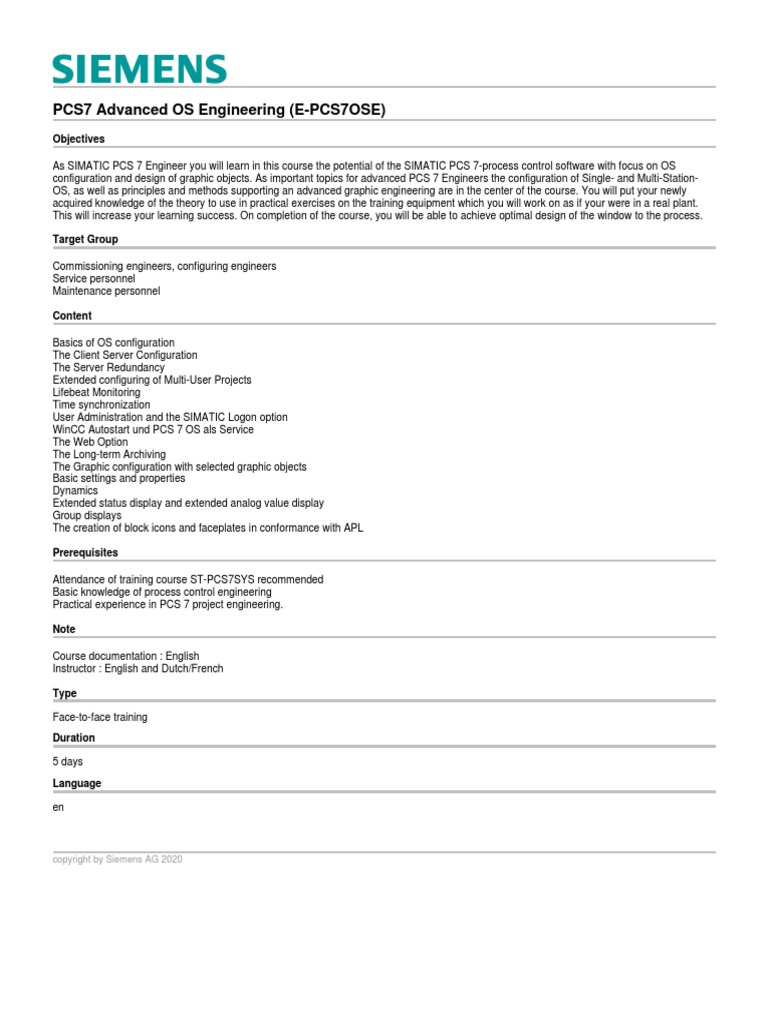 PCS7 Advanced OS Engineering (E-PCS7OSE) : Objectives | PDF