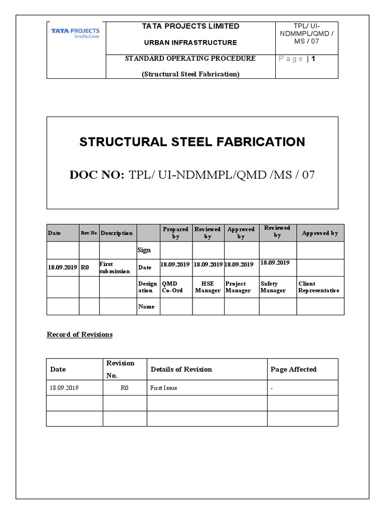 Method Statement - FStructural Steel Fabrication - VR Mall | PDF ...