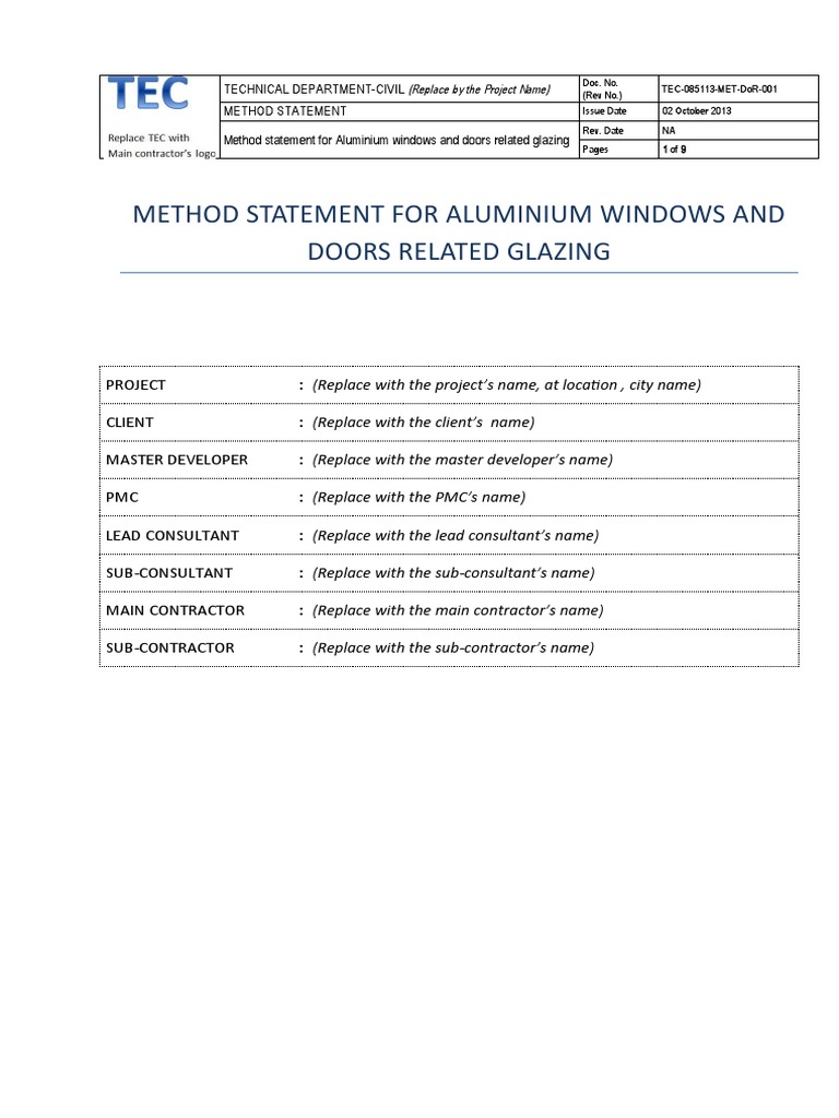 Method Statement For Aluminium Windows and Doors Related Glazing) (K ...
