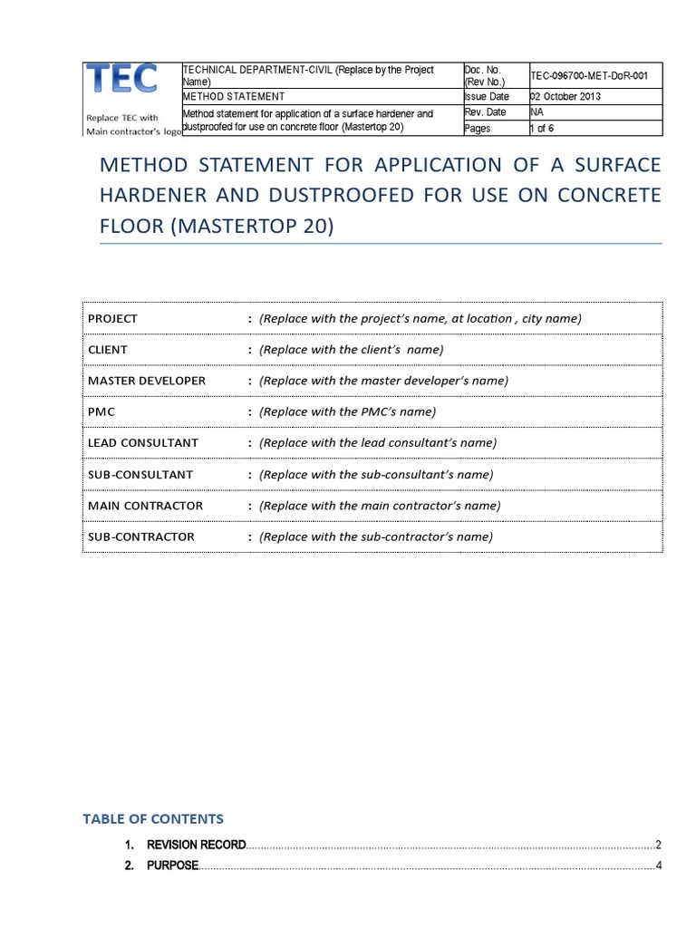 Mastertop 20 Application Method Statement | PDF | Concrete | Materials
