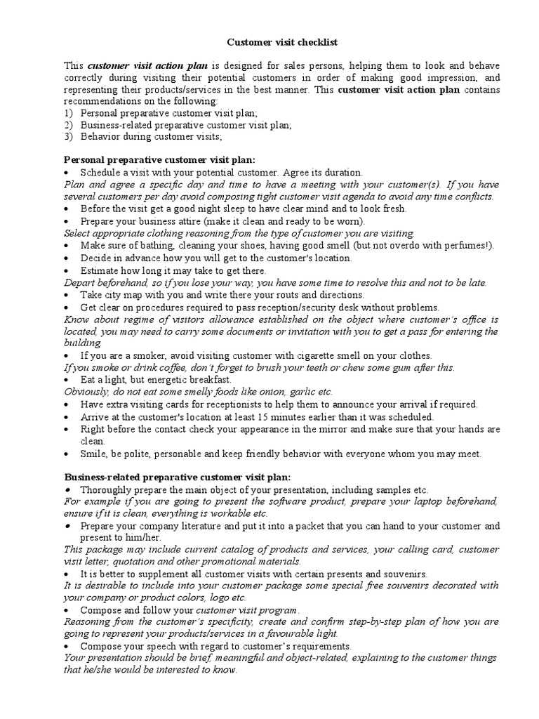 Customer Visit Checklist | PDF