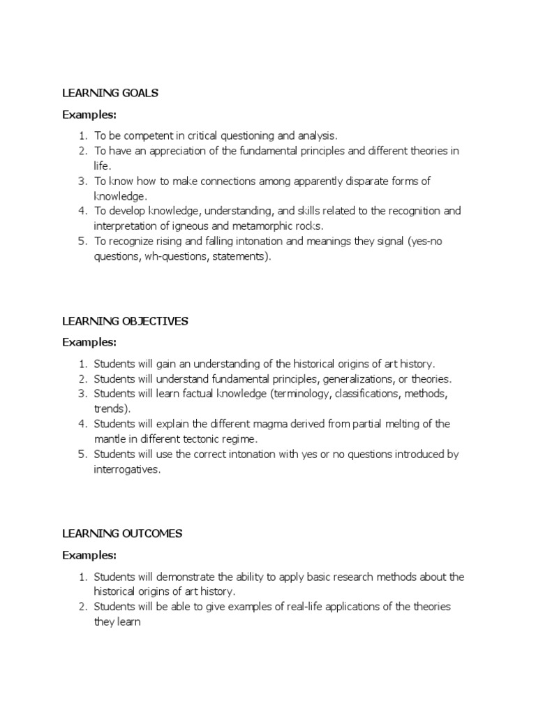 Learning Goals Examples | PDF