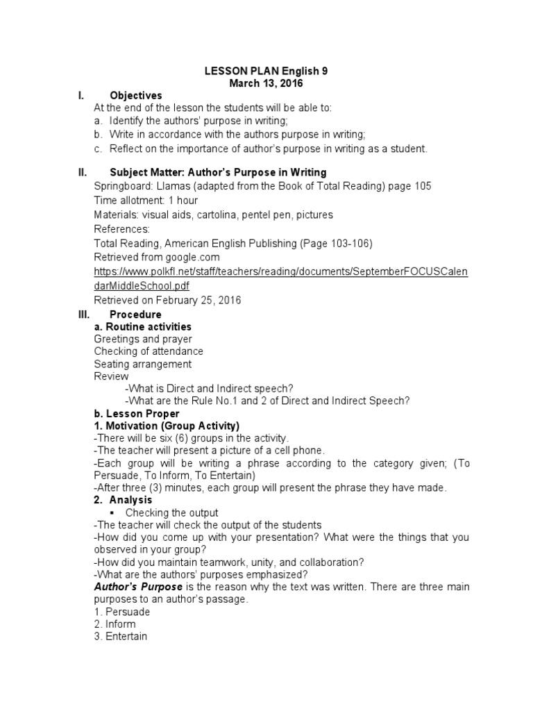 Lesson Plan (Authors' Purpose in Writing) | Download Free PDF ...