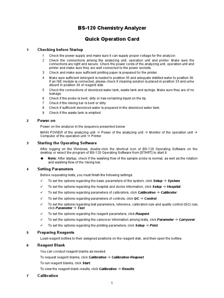 BS-120 Chemistry Analyzer Quick Operation Card: Checking Before Startup | PDF | Calibration ...