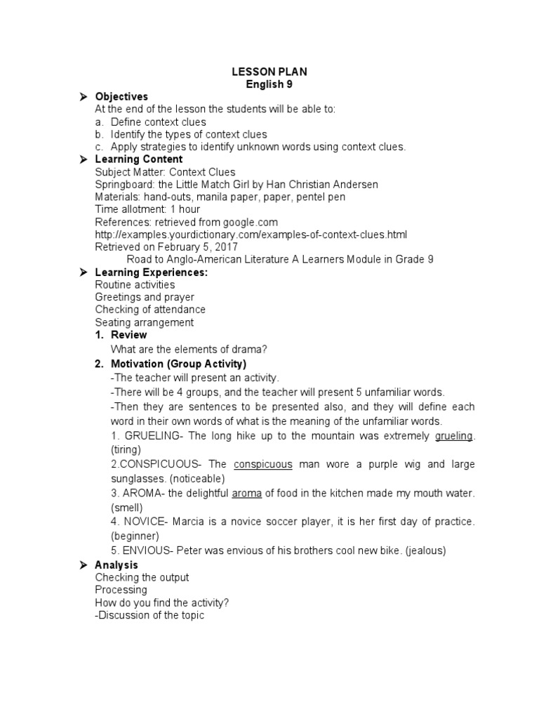 Lesson Plan (Context Clues) | PDF | Bracket | Sentence (Linguistics)