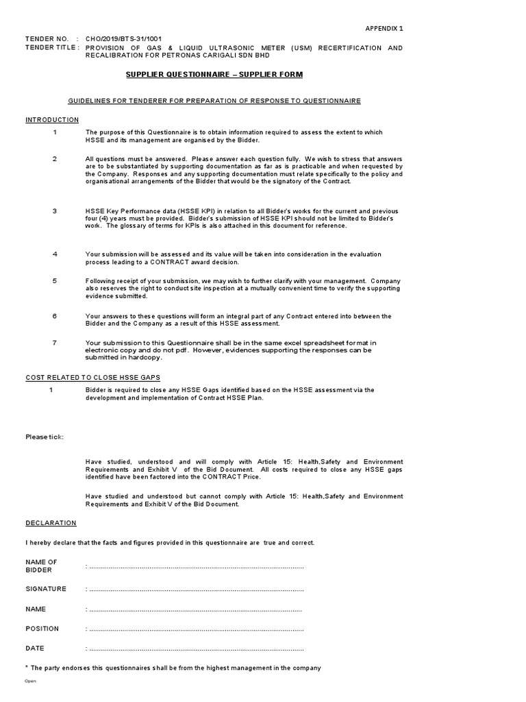 Supplier HSSE Assessment Questionnaire | PDF | Competence (Human ...