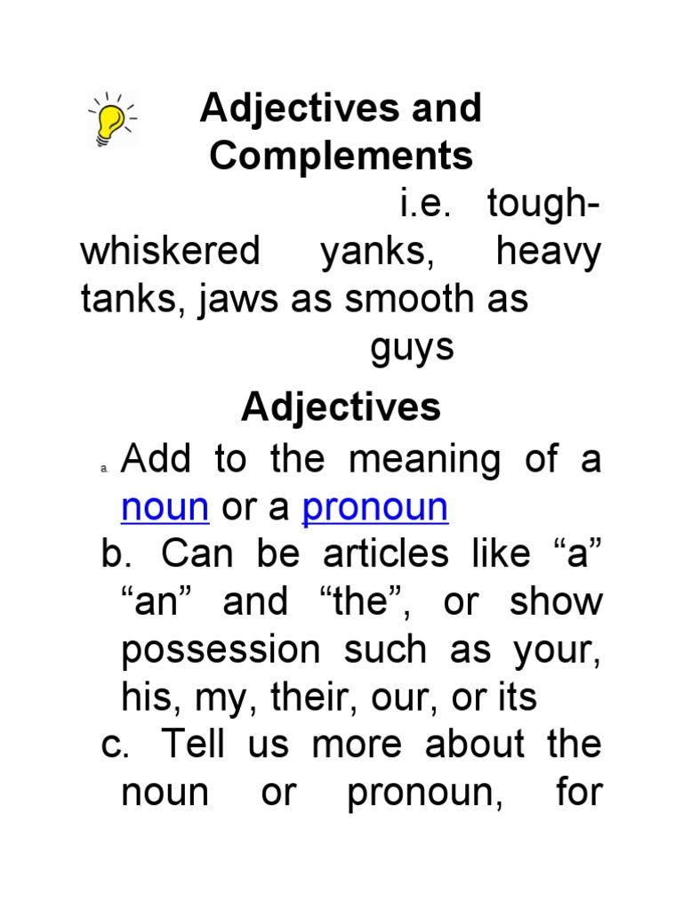 Adjectives and Complements Guide | PDF | Adjective | Noun