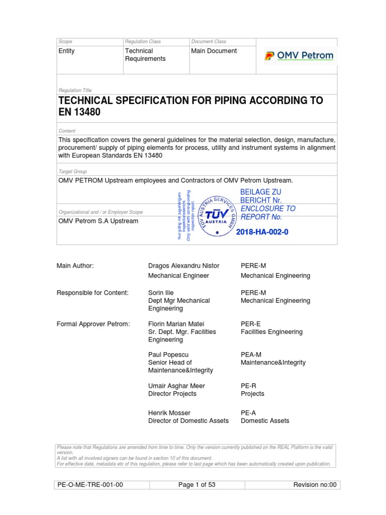 PE-O-ME-TRE-001-00 Technical Specification For Piping According To EN 13480 PDF | PDF | Pipe ...