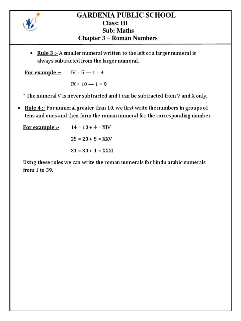 Gardenia Public School: Class: III Sub: Maths Chapter 3 - Roman Numbers | PDF