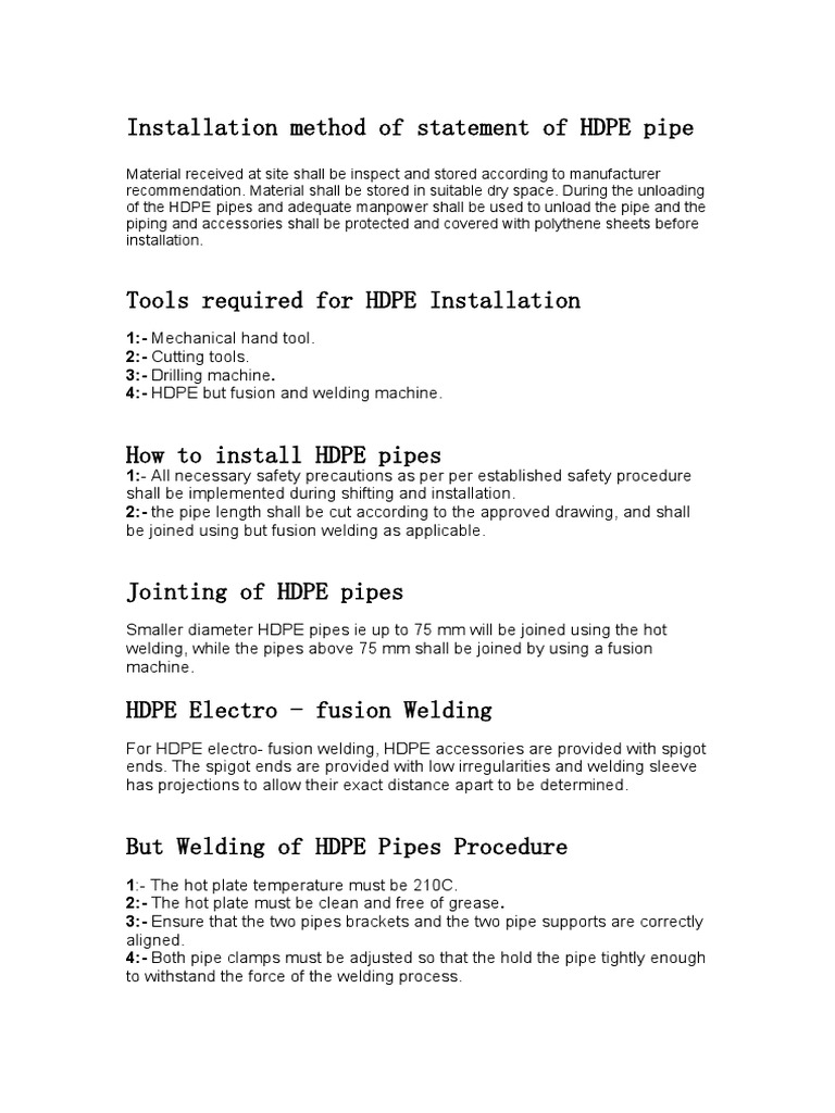 Installation Method of Statement of HDPE Pipe | PDF