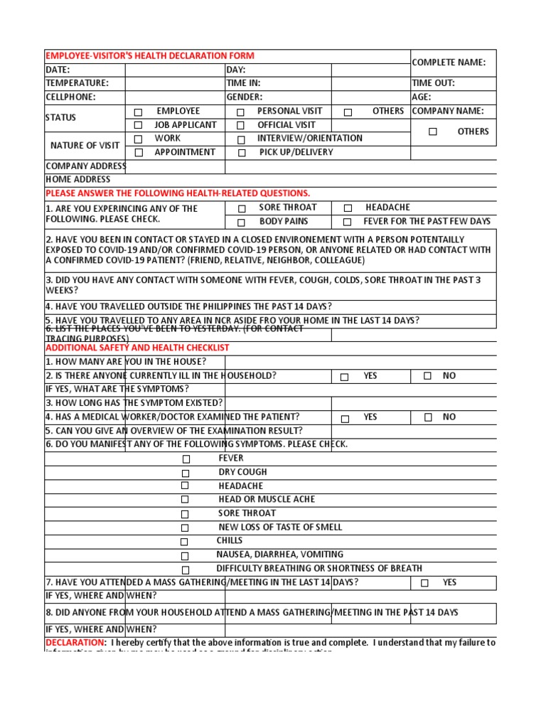 Health Declaration Form | PDF | Symptom | Common Cold