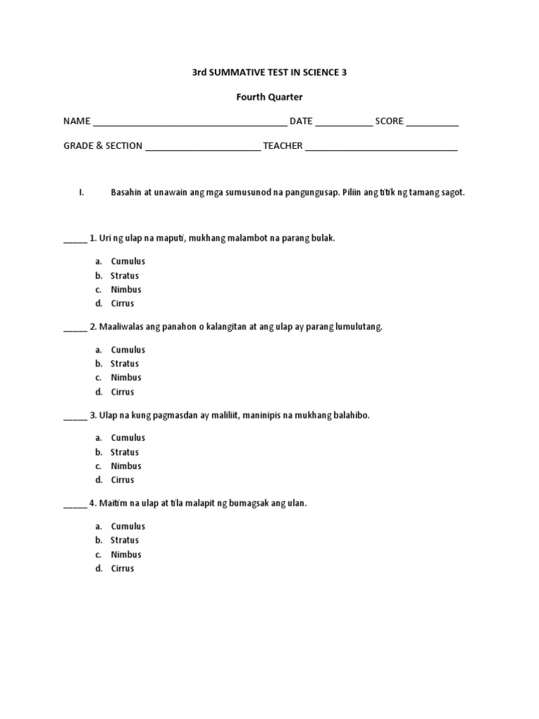 3rd SUMMATIVE TEST IN SCIENCE 3 | PDF