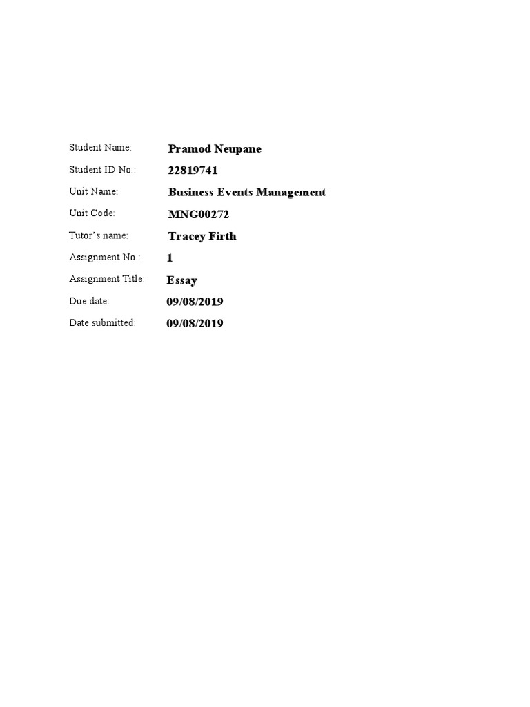 Pramod Neupane 22819741 Business Events Management MNG00272 Tracey ...
