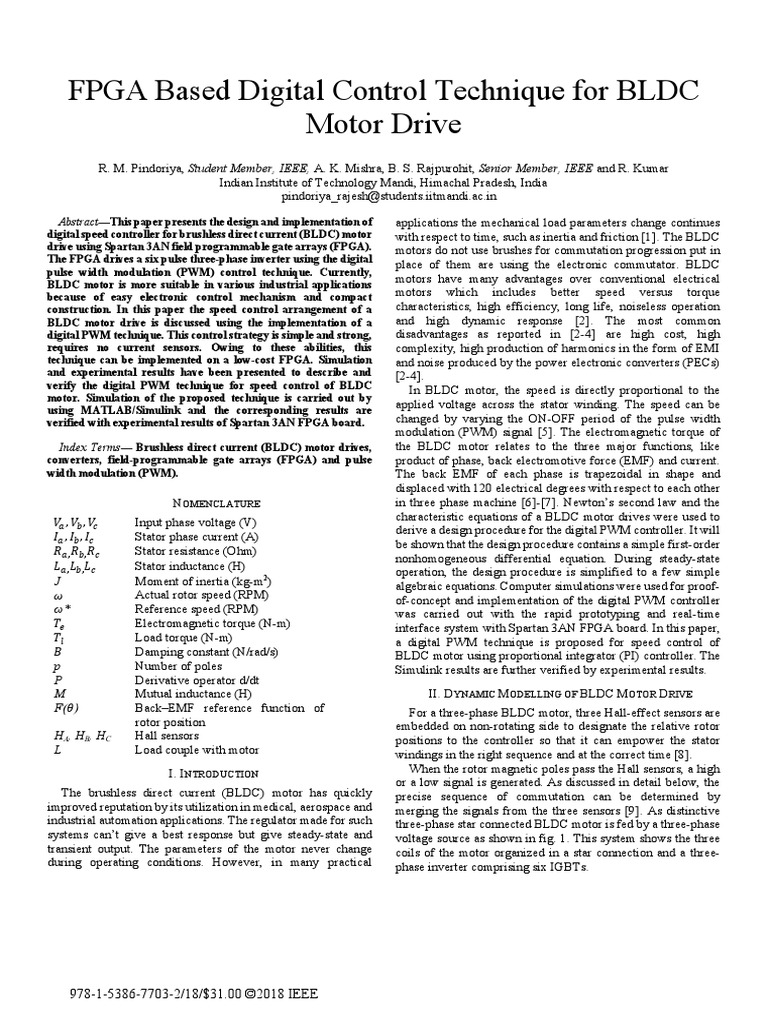 FPGA Based Digital Control Technique For BLDC Motor Drive: 978-1-5386 ...