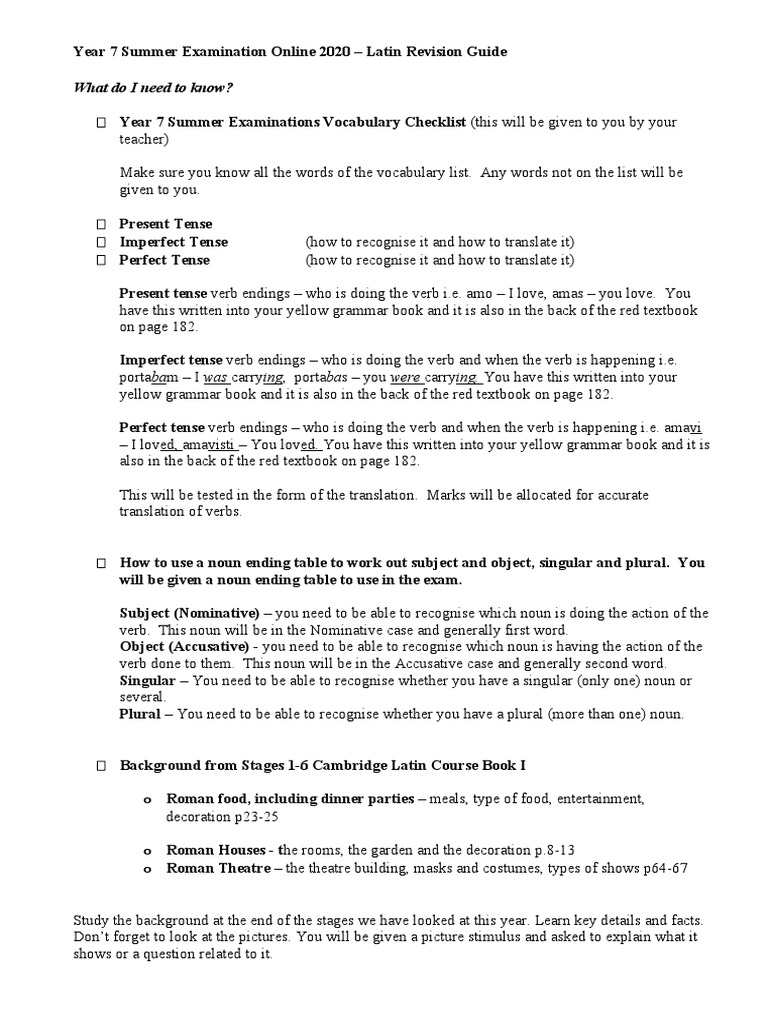 Year 7 Latin Exam Revision Guide | PDF | Grammatical Tense | Latin