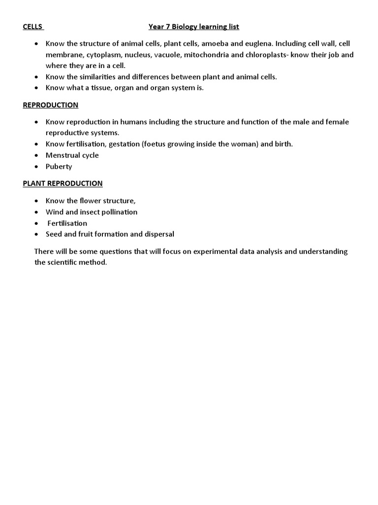 Year 7 Biology Revision List | PDF