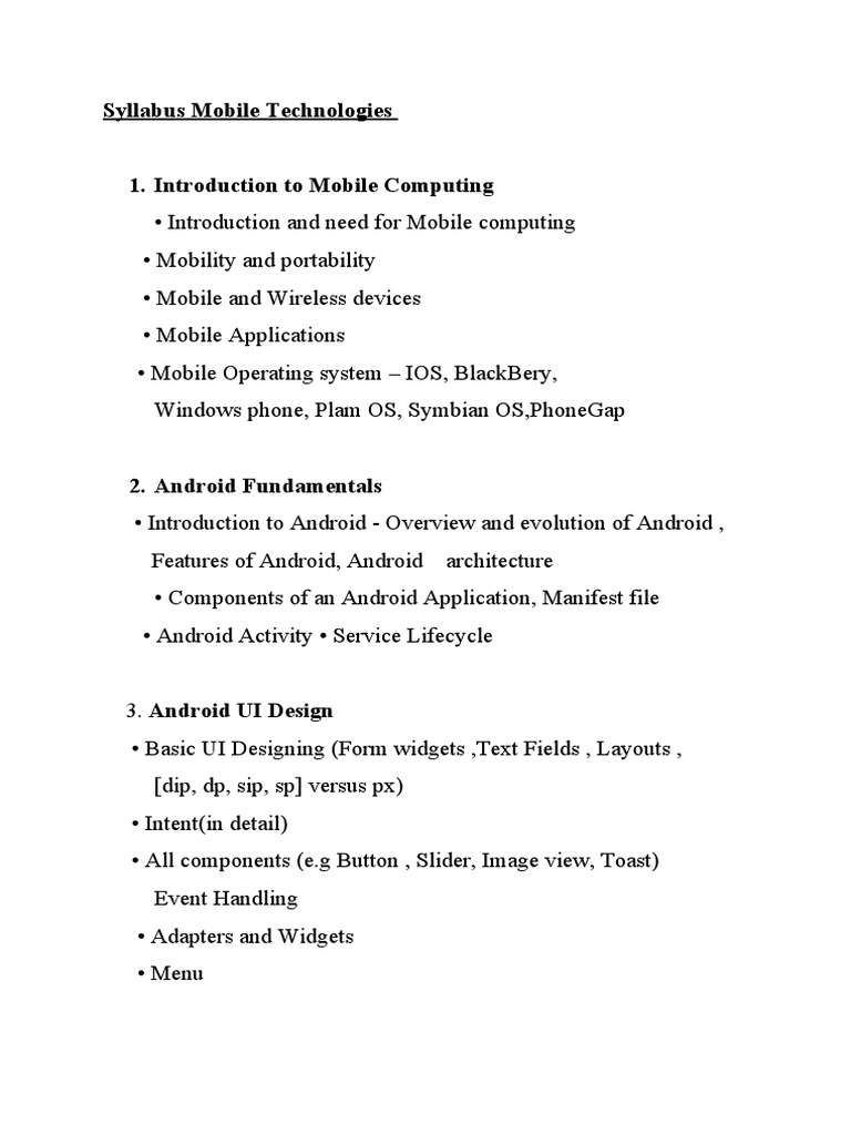 Syllabus Mobile Technologies Pdf Android Operating System Mobile Technology 
