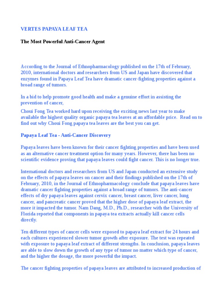 The Most Powerful Anti-Cancer Agent: Vertes Papaya Leaf Tea | PDF ...