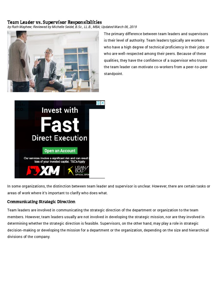 Team Leader vs. Supervisor Responsibilities | PDF | Leadership | Mentorship