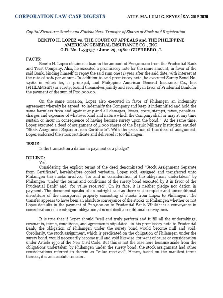 Analysis of Case Law Regarding the Transfer of Corporate Stock Shares ...