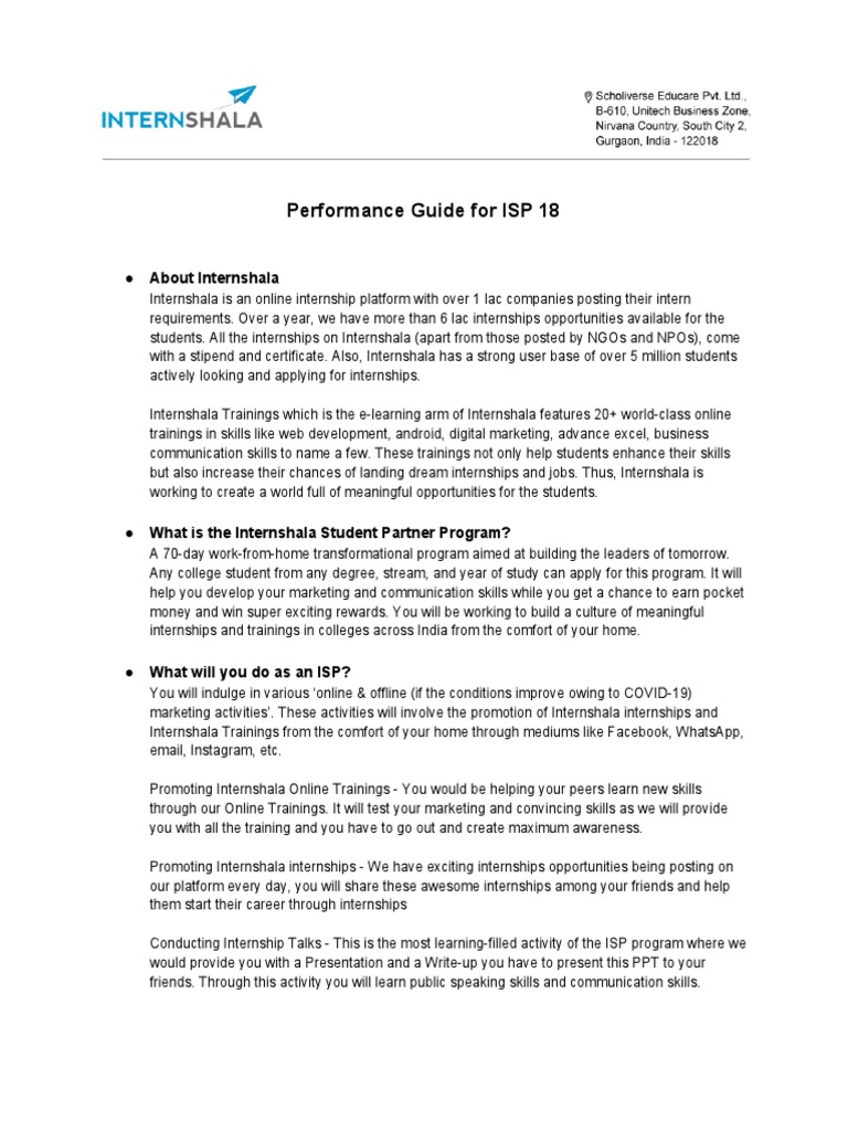 Performance Guide For ISP 18: About Internshala | PDF | Educational Technology | Online And Offline