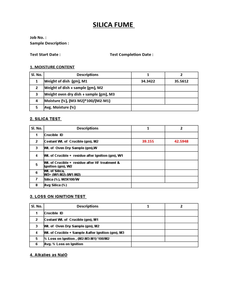 Silica Fume: Job No.: Sample Description: Test Start Date: Test ...