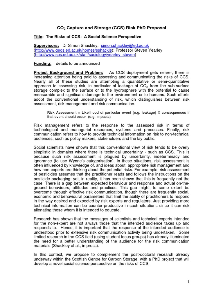 Co Capture and Storage (CCS) Risk PHD Proposal: Simon - Shackley@Ed ...