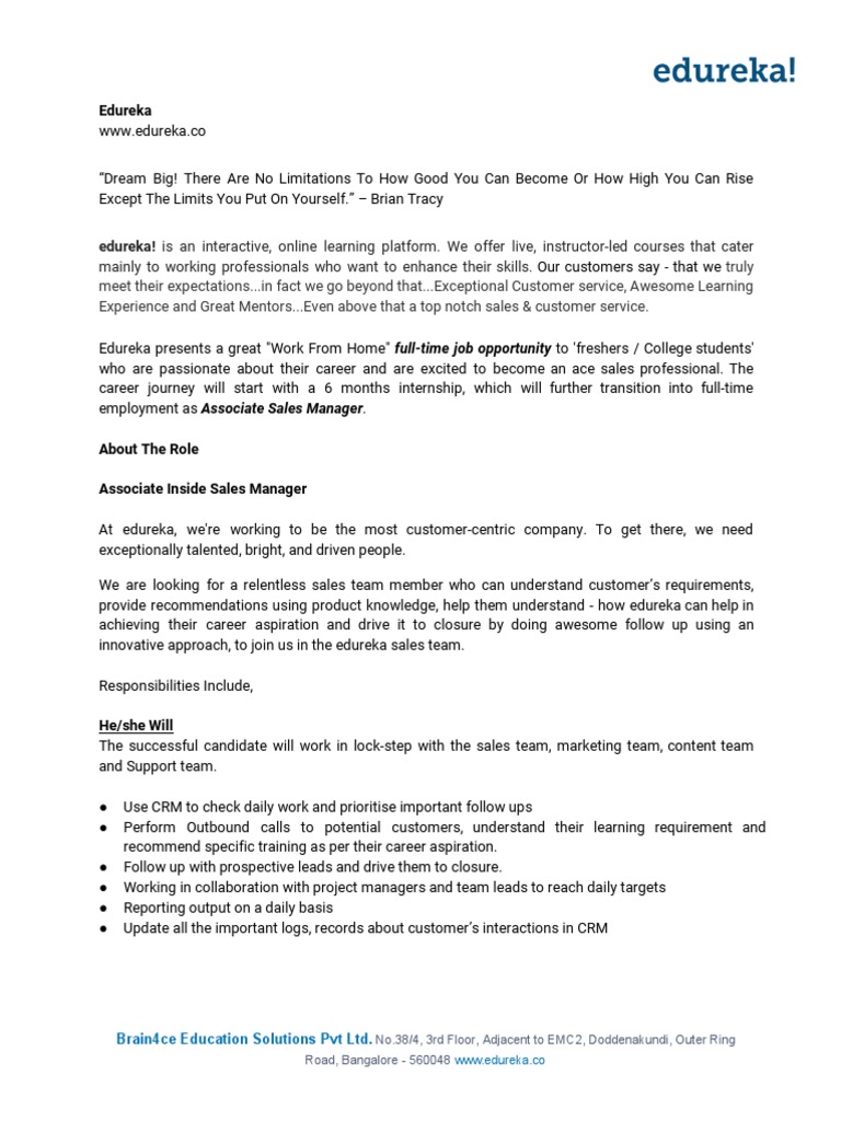 JD - Internship - Hire | PDF | Sales | Customer Relationship Management