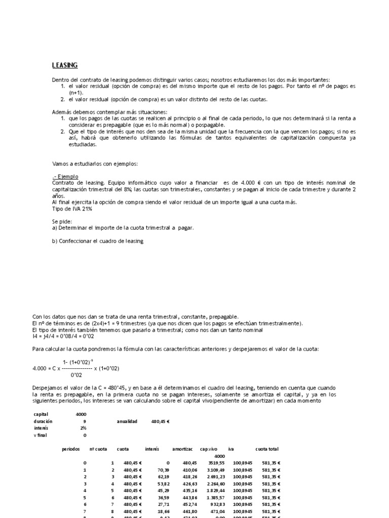 Ejemplos de Cálculo de Leasing | PDF | Arrendamiento | Interés
