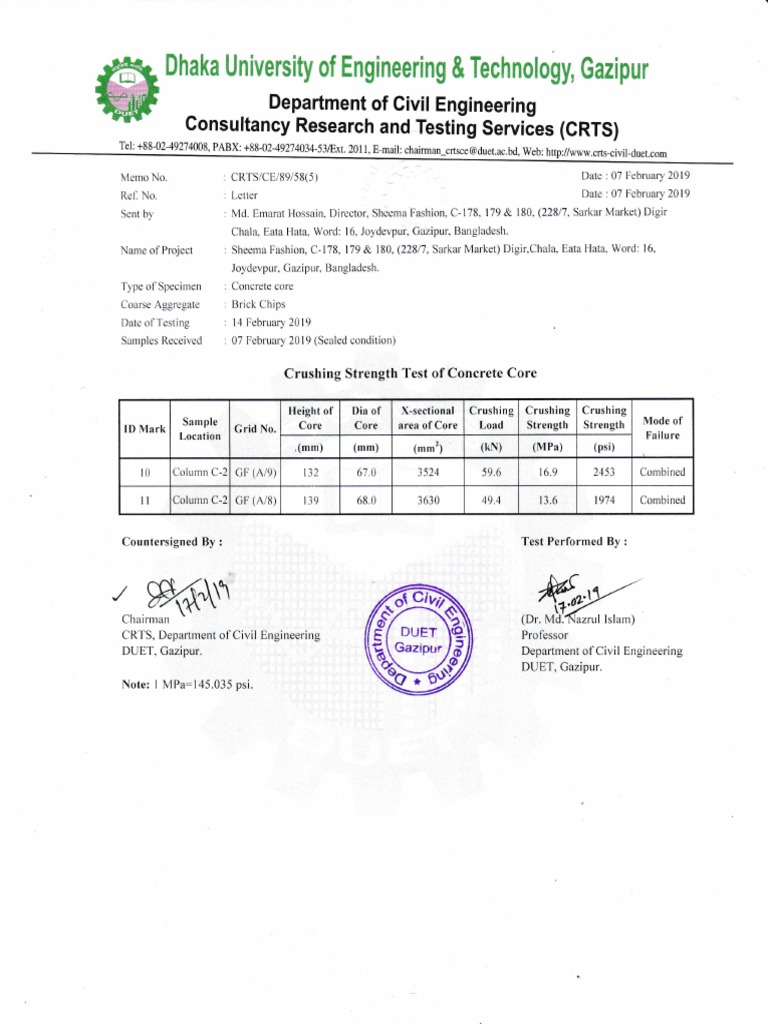 Column, Beam, Slab Core Test Report | PDF | Concrete | Masonry