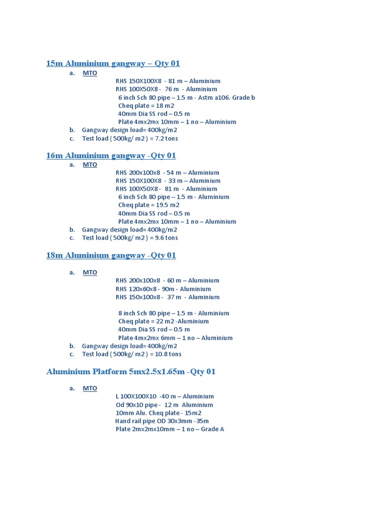 Specifications for various aluminum gangways, platforms, and stairs ...
