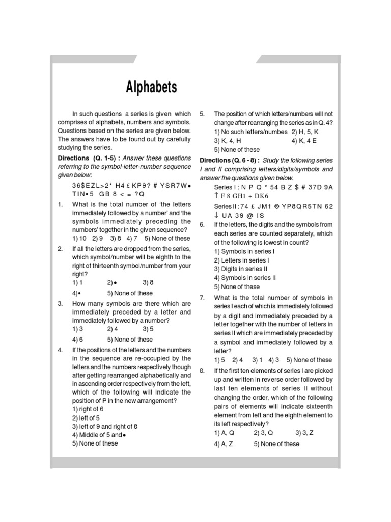 Alphabets: Directions (Q. 1-5) : Answer These Questions Directions (Q. 6 - 8) : Study The ...