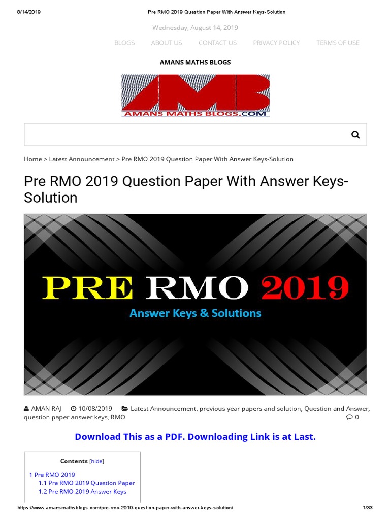 Pre RMO 2019 Question Paper With Answer Keys-Solution PDF | PDF ...