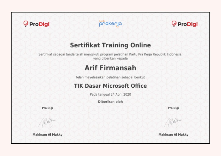 Sertifikat Pelatihan Tik Dasar Microsoft Office Arif Firmansah PDF | PDF