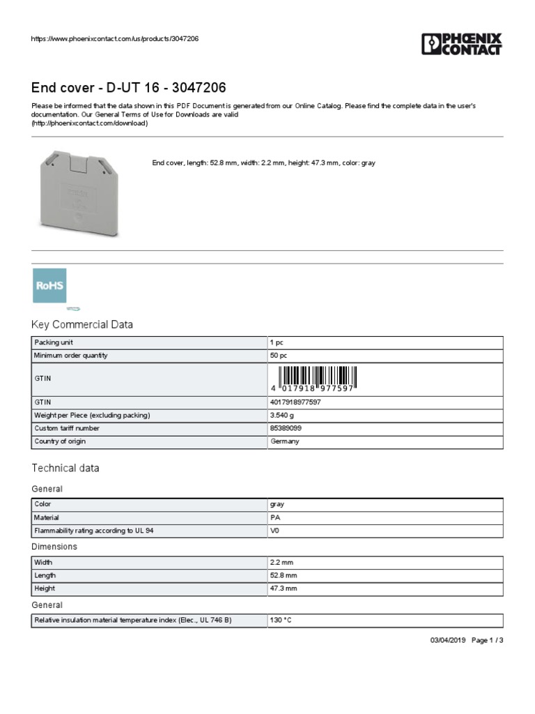 End Cover - D-UT 16 - 3047206: Key Commercial Data | PDF | Chemistry ...