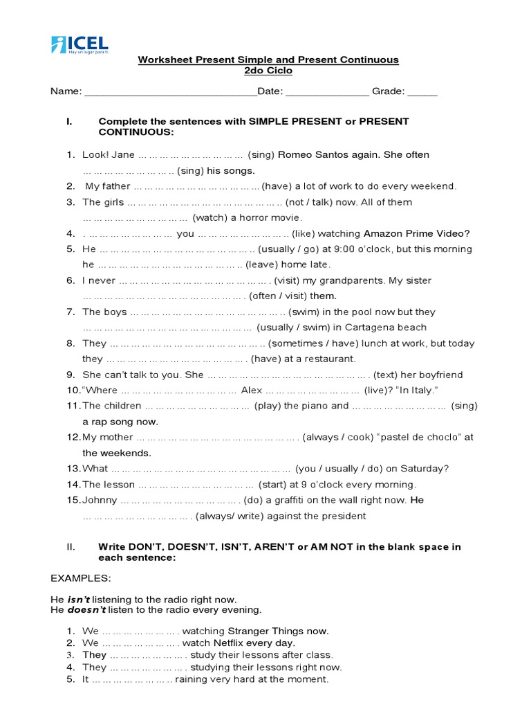 Worksheet Present Simple and Present Continuous 2do Ciclo | PDF