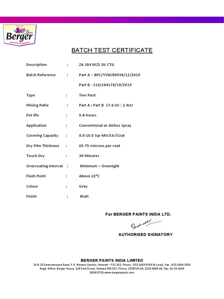 Batch Test Certificate: For Berger Paints India LTD | PDF