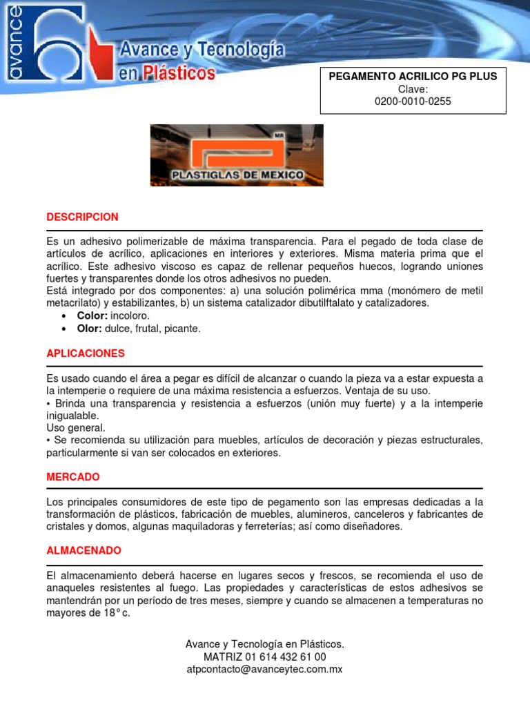 Pegamento Acrilico PG Plus | PDF | Polimetacrilato de metilo) | Agua