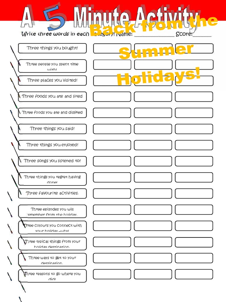 Write Three Words in Each Category! Name: - Score | PDF