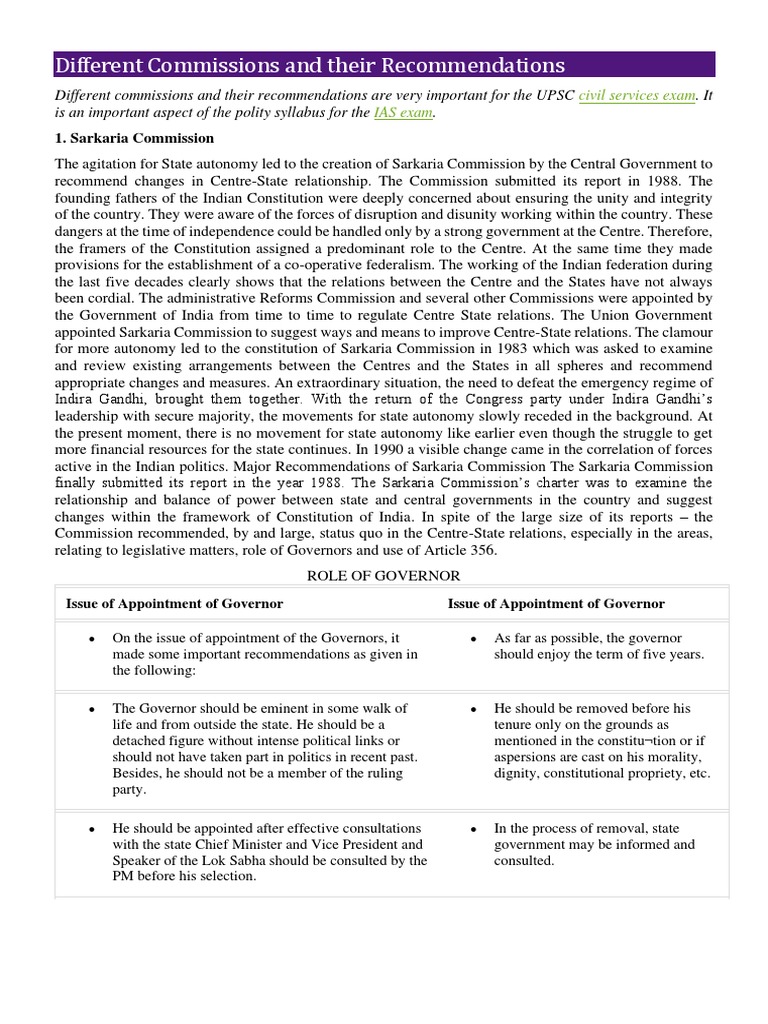 Commission Reports Summary by Byjus | PDF | Constitutional Law | Public Law