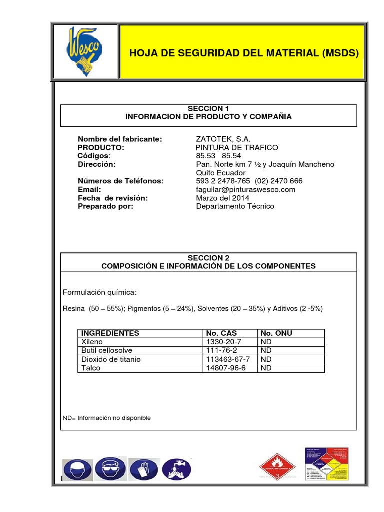 Msds-Pinturas Wesco PDF | PDF | Solvente | Agua